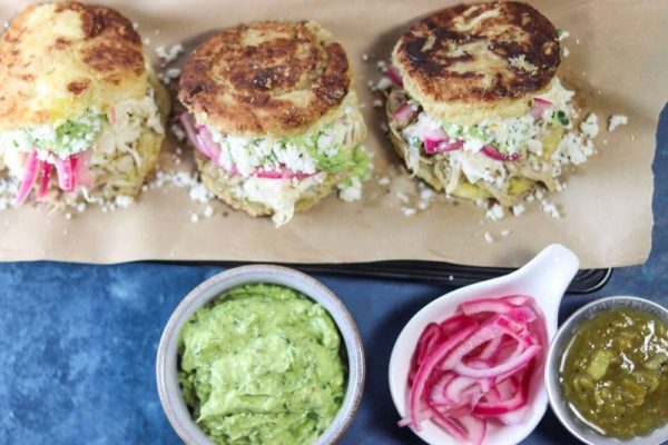 Keto Arepas with Chile Verde Chicken & Guasacaca (Avocado Salsa)